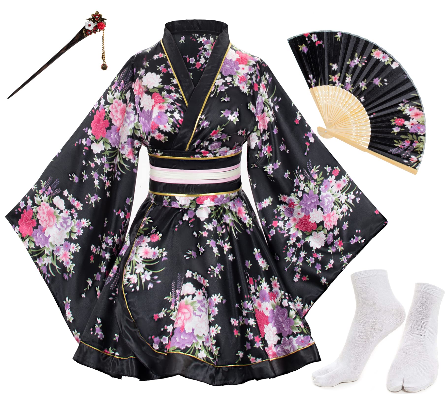 Japanese Anime Women's Dance Kimono Robe Fancy Dress Yukata Silk Folding Fans Tabi Hairstick Socks Set Black Large