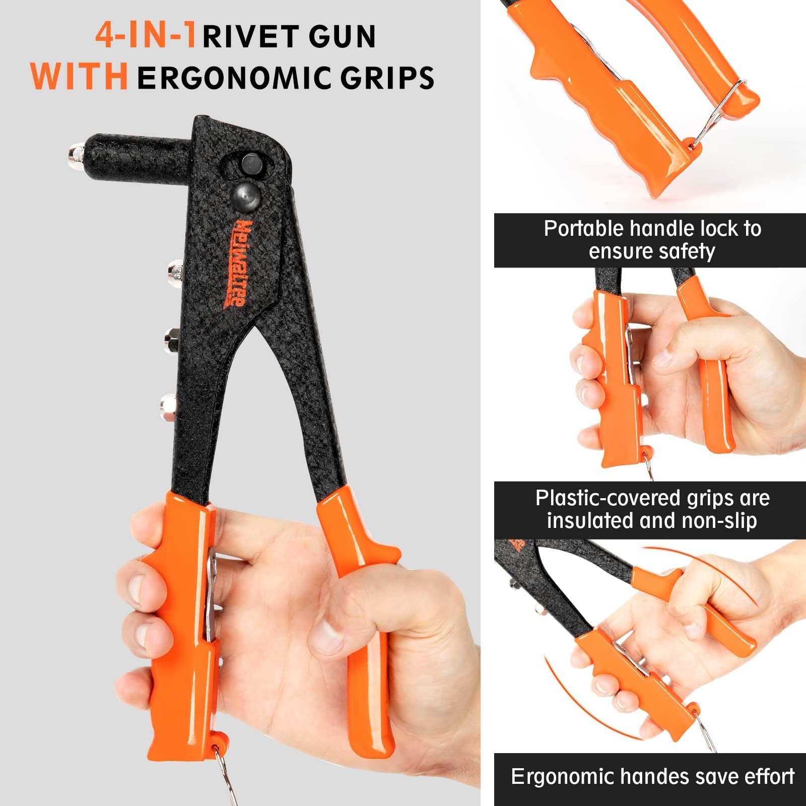 Meiwaltee Rivet gun,Professional Pop Rivet Gun Kit with 200Pcs Rivets, 3/32"-1/8"-5/32"-3/16", Heavy Hand Riveter kit Suitable for Metal work, Gutter, Automotive and other common DIY projects