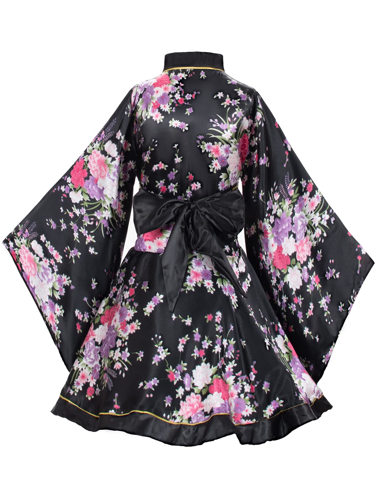 Japanese Anime Women's Dance Kimono Robe Fancy Dress Yukata Silk Folding Fans Tabi Hairstick Socks Set Black Large