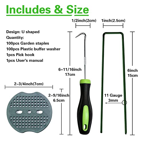 Bakulyor 100pcs Green Artificial Turf Stakes Staples + 100pcs Buffer Washer, 6 Inch 11 Gauge Landscape Staples, Galvanized Lawn Spikes, Heavy Duty Yard Ground Pin for Grass Weed Barrier Sod Fabric