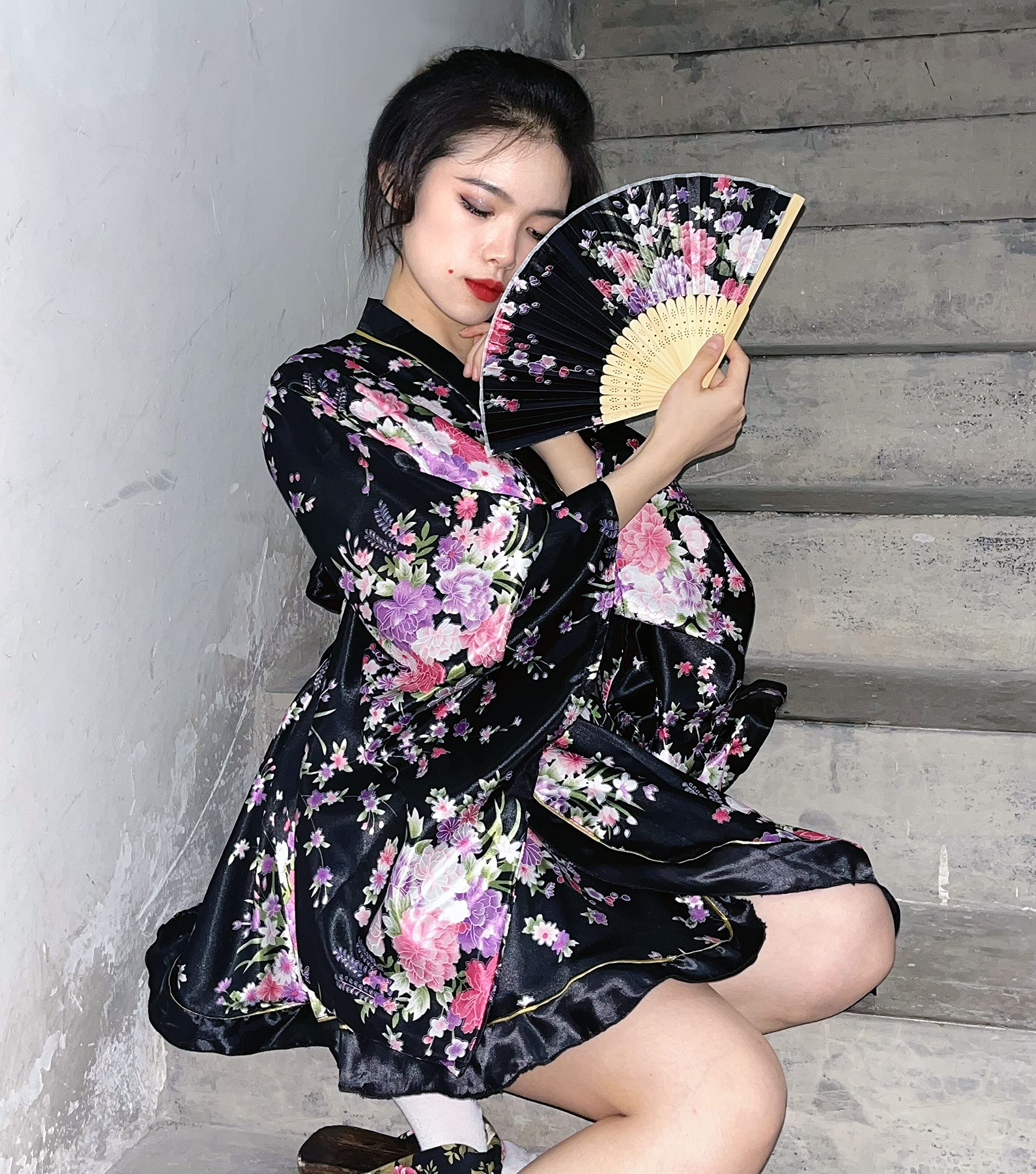 Japanese Anime Women's Dance Kimono Robe Fancy Dress Yukata Silk Folding Fans Tabi Hairstick Socks Set Black Large