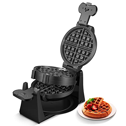 Waffle Maker, Belgian Waffle Maker Iron 180° Flip Double Waffle, 8 Slices, Rotating & Nonstick Plates, Removable Drip Tray, Cool Touch Handle, Black, 1400W