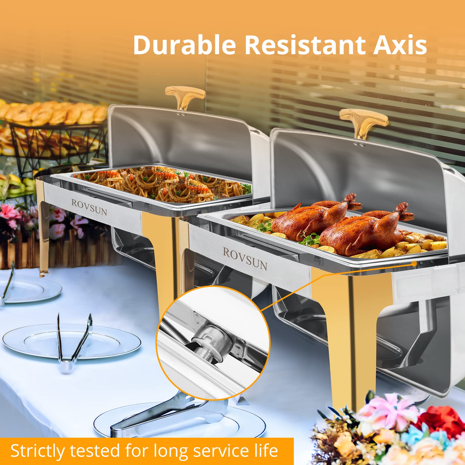 ROVSUN 3 Packs Roll Top Chafing Dish Buffet Set Gold Accent,NSF 9 Quart Rectangular Stainless Steel Chafer, Buffet Servers and Warmers Set Warming Tray for Wedding, Parties, Banquet, Catering Events