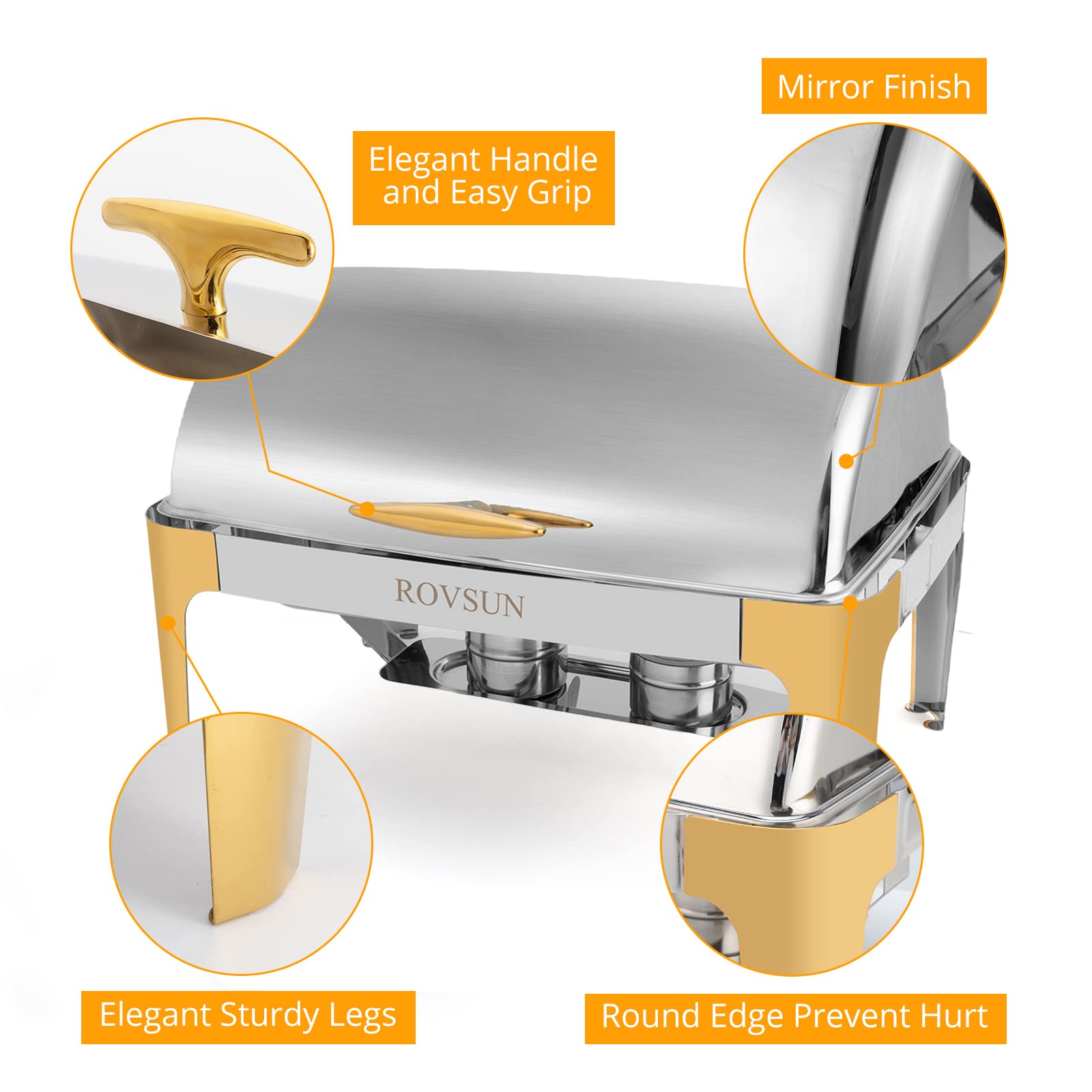 ROVSUN 3 Packs Roll Top Chafing Dish Buffet Set Gold Accent,NSF 9 Quart Rectangular Stainless Steel Chafer, Buffet Servers and Warmers Set Warming Tray for Wedding, Parties, Banquet, Catering Events