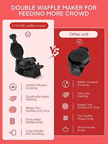 Waffle Maker, Belgian Waffle Maker Iron 180° Flip Double Waffle, 8 Slices, Rotating & Nonstick Plates, Removable Drip Tray, Cool Touch Handle, Black, 1400W