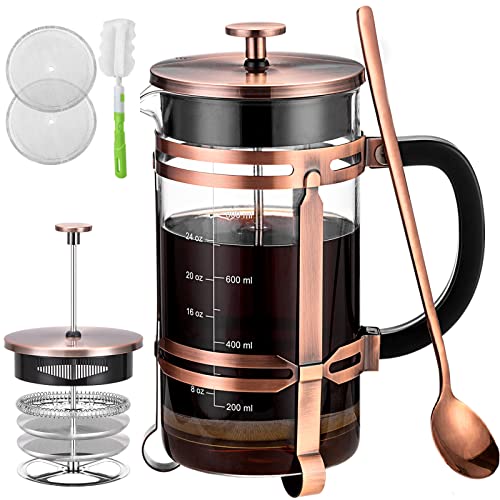 French Press Coffee Maker (34 oz) with 4 Filters - 304 Durable Stainless Steel, Heat Resistant Borosilicate Glass Coffee Press, BPA ļ¼include 1 cleaning brush,1 spoon and 2 spare filter screenļ¼