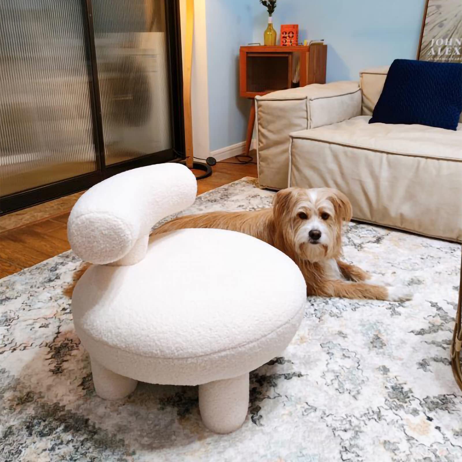 LUGSHIREE Ottoman Pouf Boucle Chair,Small Upholstered Tufted Foot Stool Sheep Ottoman for Living Room Bedroom Home Decor(White)…