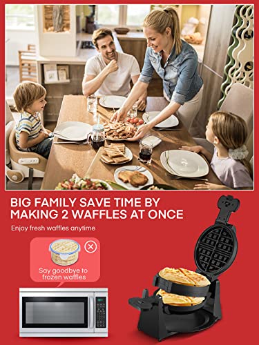 Waffle Maker, Belgian Waffle Maker Iron 180° Flip Double Waffle, 8 Slices, Rotating & Nonstick Plates, Removable Drip Tray, Cool Touch Handle, Black, 1400W
