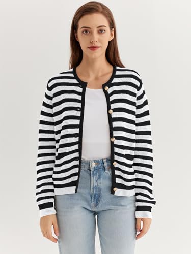 LILLUSORY Women's Cable Knit Cardigan Sweaters 2024 Fall Trendy Open Front Button Up Tweed Blazer Jackets Ladies Chunky Oversized Coat Coatigan Old Money Clothes Cute Outfits White Black L
