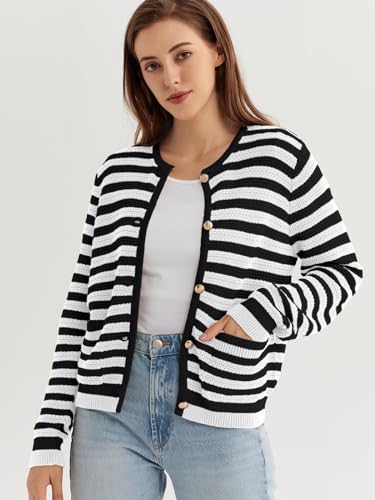 LILLUSORY Women's Cable Knit Cardigan Sweaters 2024 Fall Trendy Open Front Button Up Tweed Blazer Jackets Ladies Chunky Oversized Coat Coatigan Old Money Clothes Cute Outfits White Black L