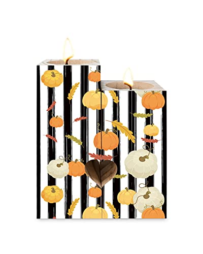 Black Pumpkins Stripes Candle Holder with Tea Light,Vintage Wood Tealight Candle Stick Holder Pillar Centerpiece,Heart-Shaped Wooden Candle Holders Set Fall Thanksgiving Sunflower Rustic Autumn Leaves