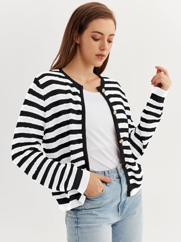 LILLUSORY Women's Cable Knit Cardigan Sweaters 2024 Fall Trendy Open Front Button Up Tweed Blazer Jackets Ladies Chunky Oversized Coat Coatigan Old Money Clothes Cute Outfits White Black L