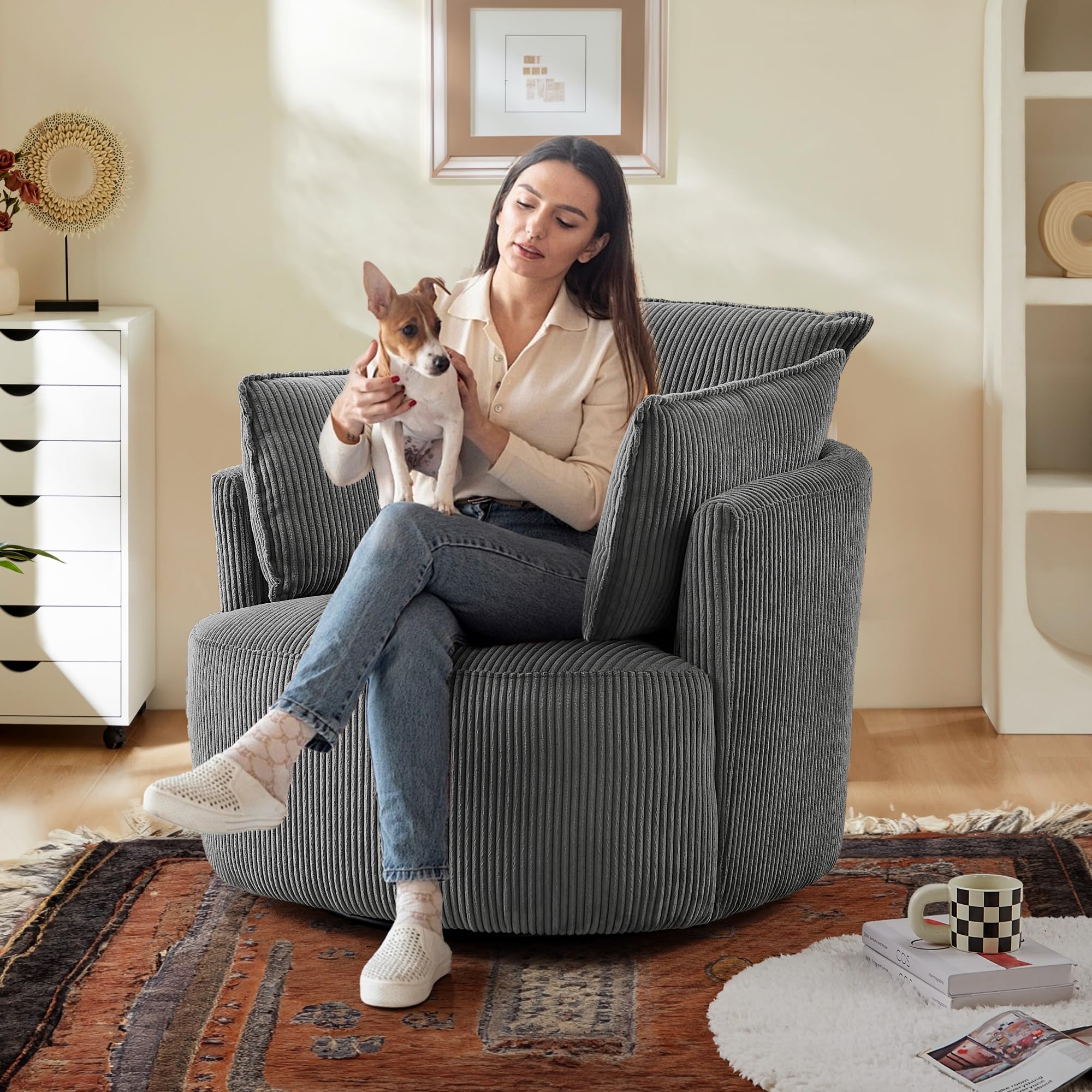 Chorlenimi Swivel Accent Chair,Corduroy Accent Chairs for Living Room,Comfy Living Room Chairs,Oversized Swivel Chair for Bedroom,360° Barrels Chairs,No Assembly Required