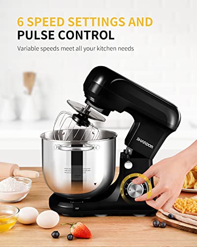SHARDOR Stand Mixer, 6-Speed with Pulse Tilt-Head Food Mixer, Kitchen Electric Mixer with Dough Hook, Wire Whip & Beater, 4.8 QT Stainless Steel Bowl, Splash Guard, Black