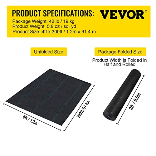 VEVOR Weed Barrier, 5.8oz Landscape Fabric, 4ft x 300ft Cover Mat Heavy Duty Woven Grass Control Geotextile for Garden, Patio, 4FT300FT-5.8OZ, Black
