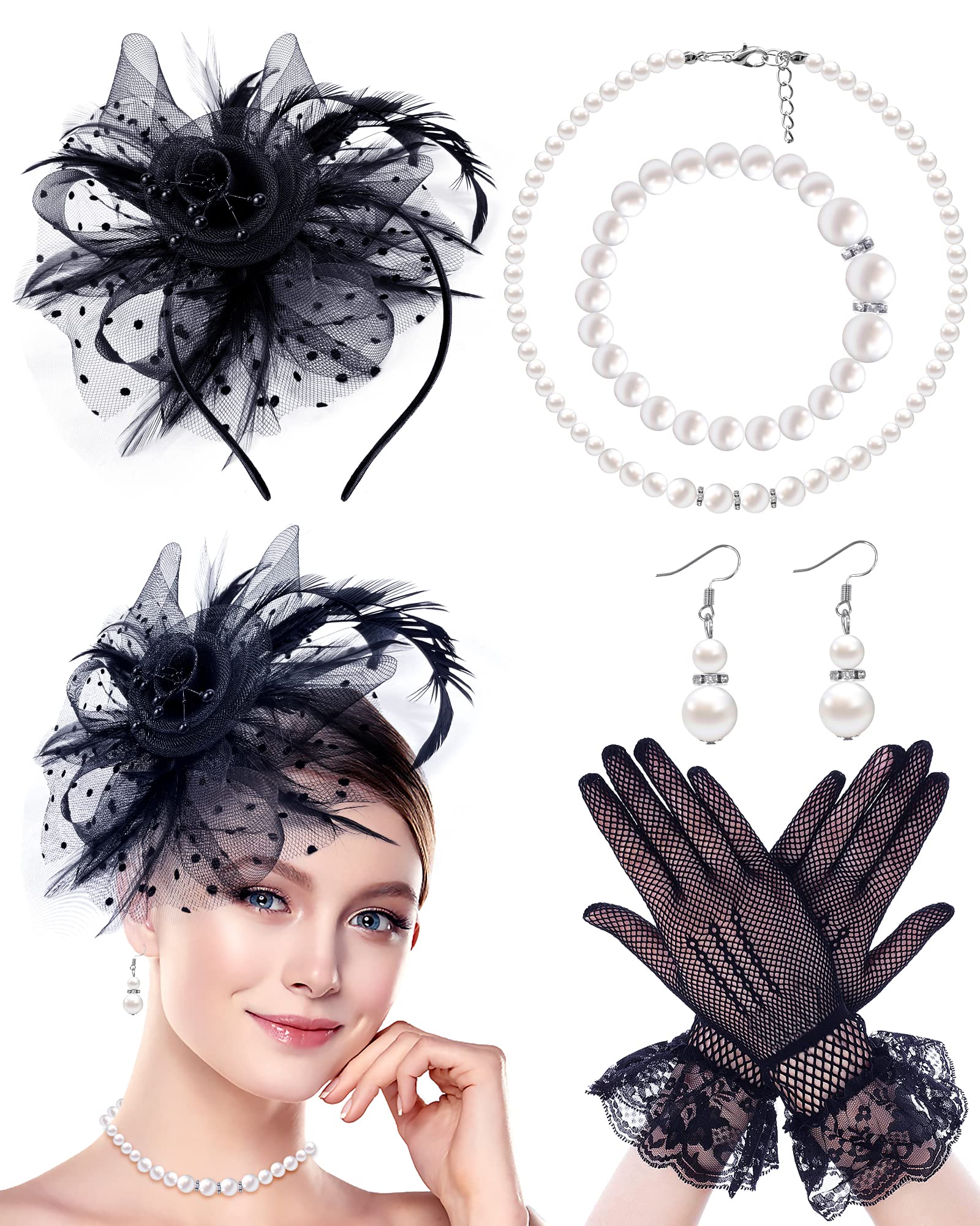1920s Black Fascinators Hat Set for Women Tea Party Headband Lace Gloves Pearl Jewelry Set Cocktail Tea Party Banquet Wedding Halloween Retro Tiara