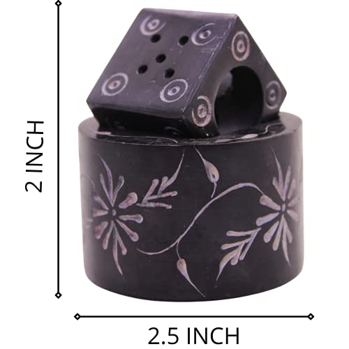 KC KULLICRAFT Hand Carved Black Soapstone Incense Holder | Candle Stick Burner | Tea Light Stand. Decorative Round Shape Carving for Home and Office Decor. (2.5 x 2.5 x 2 Inches)