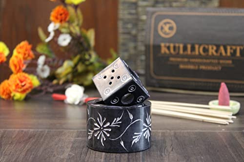 KC KULLICRAFT Hand Carved Black Soapstone Incense Holder | Candle Stick Burner | Tea Light Stand. Decorative Round Shape Carving for Home and Office Decor. (2.5 x 2.5 x 2 Inches)