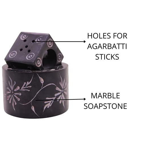 KC KULLICRAFT Hand Carved Black Soapstone Incense Holder | Candle Stick Burner | Tea Light Stand. Decorative Round Shape Carving for Home and Office Decor. (2.5 x 2.5 x 2 Inches)