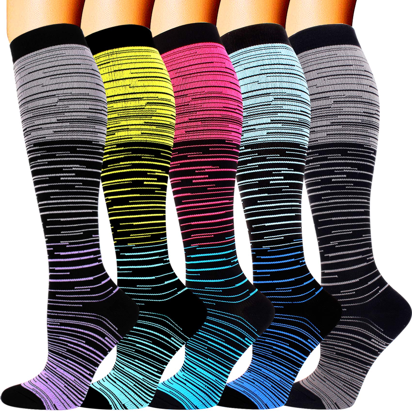 Double Couple 5 Pairs Wide Calf Compression Socks for Men Women Extra Plus Size Knee High Support 20-30