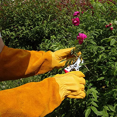 Heavy Duty Long Leather Garden Gloves Thorn and Cut Proof Garden Work Gloves (Medium, Yellow)