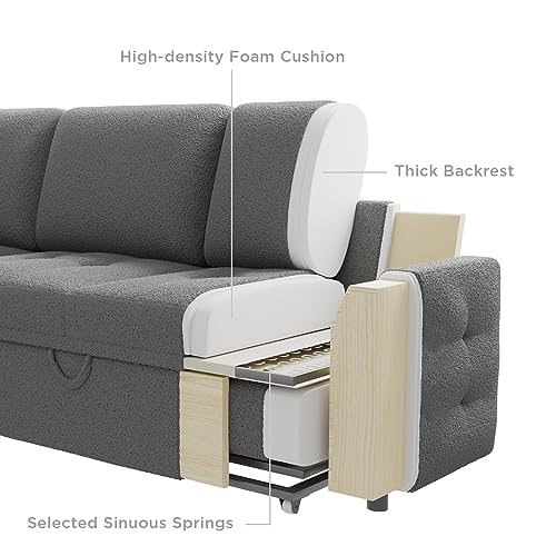 PaPaJet Pull Out Sofa Bed, Modern Tufted Convertible Sleeper Sofa, L Shaped Sofa Couch with Storage Chaise, Boucle Sectional Couch Bed for Living Room (Grey)