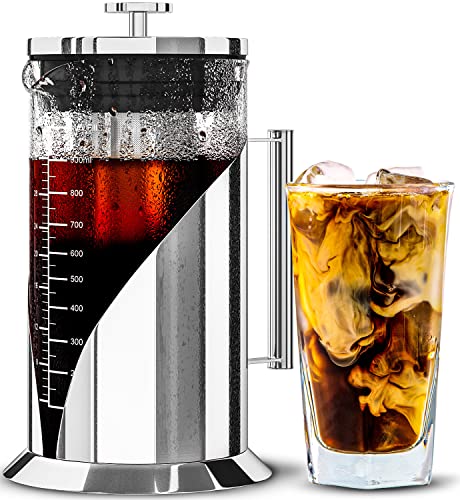 Cafe Du Chateau Start Brewing Perfect Iced Coffee & Tea w/Our Cold Brew Coffee Maker, Pitcher for Fridge (34oz) - Air Tight Seal, Measuring Label - Stainless Steel Iced Coffee Maker Machine, Brewer