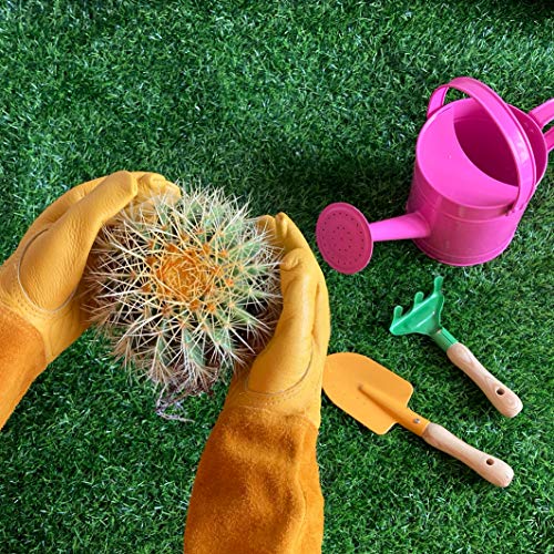 Heavy Duty Long Leather Garden Gloves Thorn and Cut Proof Garden Work Gloves (Medium, Yellow)