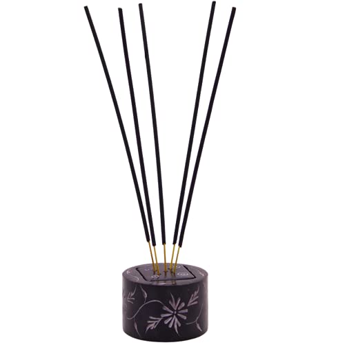 KC KULLICRAFT Hand Carved Black Soapstone Incense Holder | Candle Stick Burner | Tea Light Stand. Decorative Round Shape Carving for Home and Office Decor. (2.5 x 2.5 x 2 Inches)
