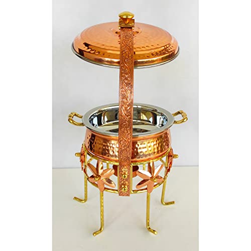 Indian Art Villa Steel Copper Chafing Dish Set of 1 Handi With Lid & 1 Brass Stand, Serveware Item for Dinner Party & Functions, Volume-44 Oz
