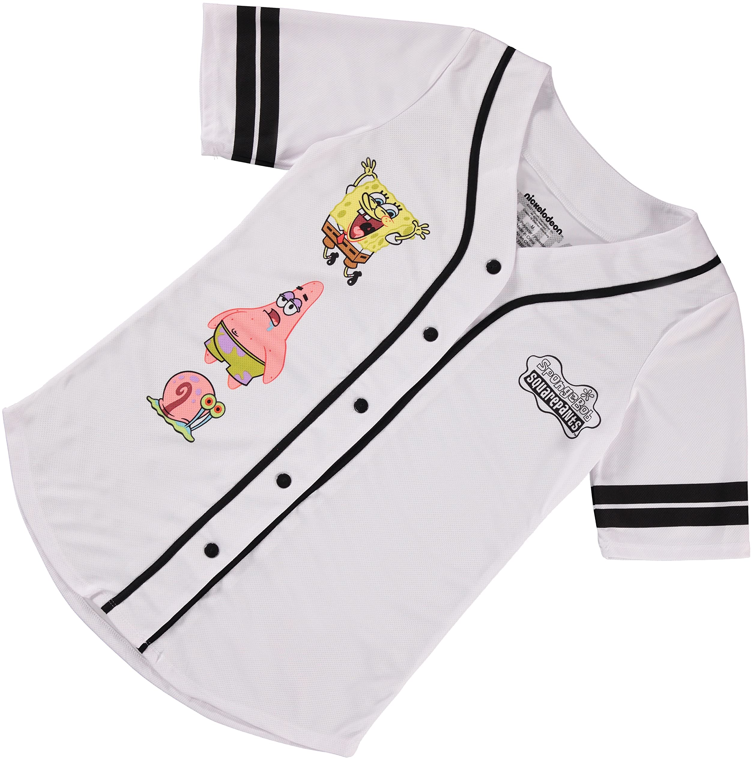 SpongeBob SquarePants Ladies Baseball Jersey - Spongebob, Mr Krabs, Squidward, Patrick Star - Mesh Button Down Baseball Jersey (White Baseball, X-Small)