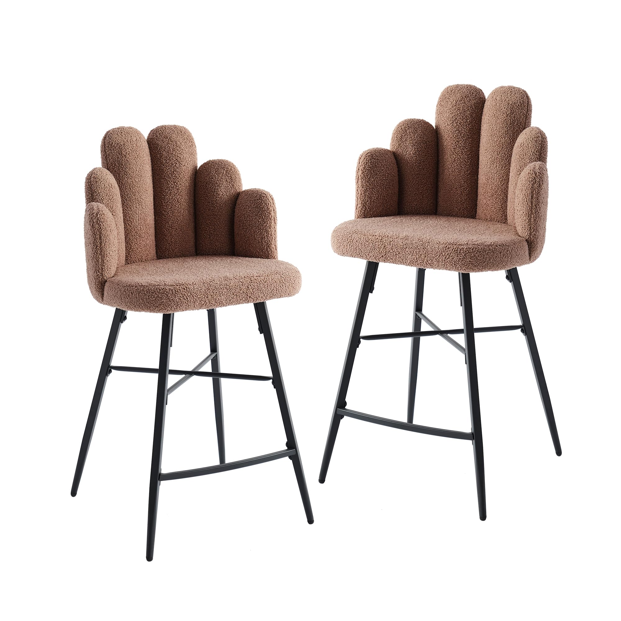 RHYNZEE 26 inch Bar Stools Set of 2, Boucle Fabric Modern Counter Height Bar Stools with Back and Black Metal Legs, Sherpa Upholstered Kitchen Island Chair for Home Kitchen Bistro Coffee Shop (Brown)