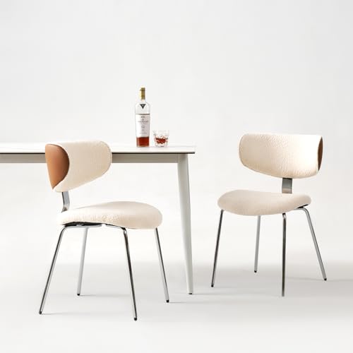 GrandNoor Modern Boucle Dining Chairs Set of 2,Faux Leather Kitchen & Dining Room Chairs,Curved Backrest Upholstered Dining Chairs with Metal Legs, White