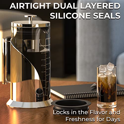 Cafe Du Chateau Start Brewing Perfect Iced Coffee & Tea w/Our Cold Brew Coffee Maker, Pitcher for Fridge (34oz) - Air Tight Seal, Measuring Label - Stainless Steel Iced Coffee Maker Machine, Brewer