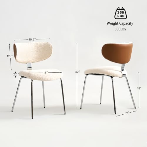 GrandNoor Modern Boucle Dining Chairs Set of 2,Faux Leather Kitchen & Dining Room Chairs,Curved Backrest Upholstered Dining Chairs with Metal Legs, White