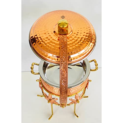Indian Art Villa Steel Copper Chafing Dish Set of 1 Handi With Lid & 1 Brass Stand, Serveware Item for Dinner Party & Functions, Volume-44 Oz