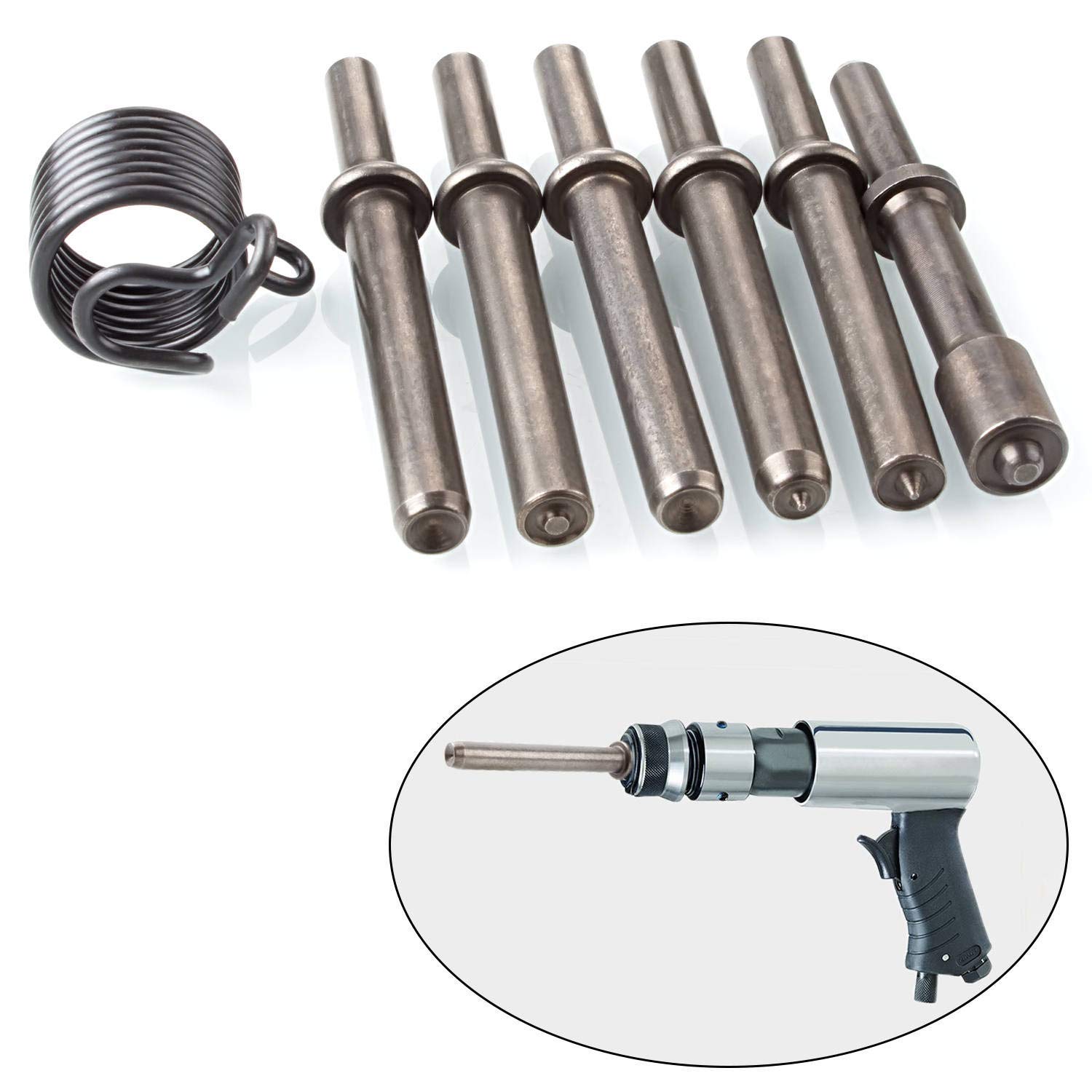 Titoe 7 Pcs Heavey Duty Smoothing Pneumatic Air Rivet Hammer Chisel Bits Tools Kit with Spring