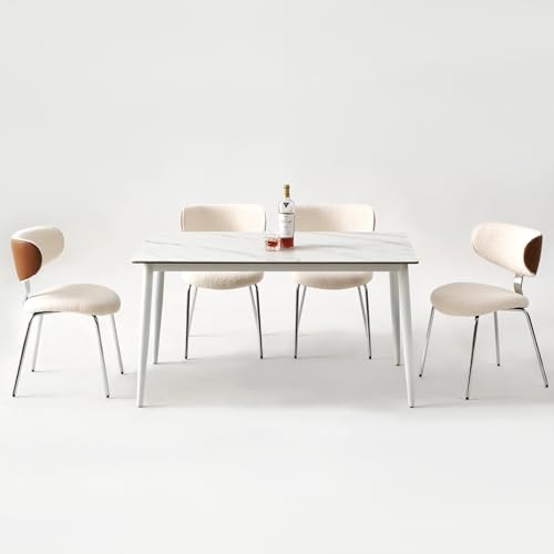 GrandNoor Modern Boucle Dining Chairs Set of 2,Faux Leather Kitchen & Dining Room Chairs,Curved Backrest Upholstered Dining Chairs with Metal Legs, White