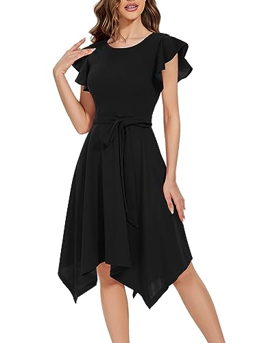 MUADRESS Women's Flutter Sleeve Cocktail Party Dresses Fit Flare Swing Bridesmaid Dress Homecoming Dress for Teen Black S