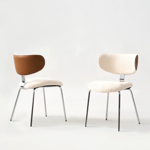 GrandNoor Modern Boucle Dining Chairs Set of 2,Faux Leather Kitchen & Dining Room Chairs,Curved Backrest Upholstered Dining Chairs with Metal Legs, White