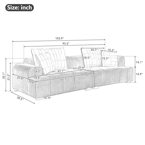 Modern Cloud Sofa Mid-Century Comfy Boucle Couch,Oversized Luxury Loveseat Corduroy Fabric Upholstered Leisure Deap Seat Sectional Sofá Modular Couches with 4 Throw Pillows for Living Room