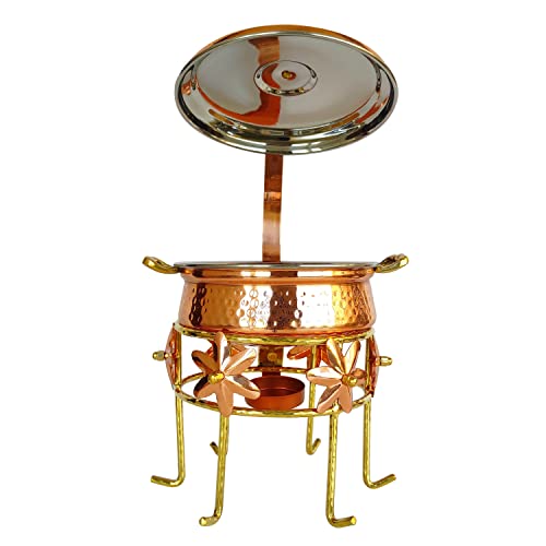 Indian Art Villa Steel Copper Chafing Dish Set of 1 Handi With Lid & 1 Brass Stand, Serveware Item for Dinner Party & Functions, Volume-44 Oz