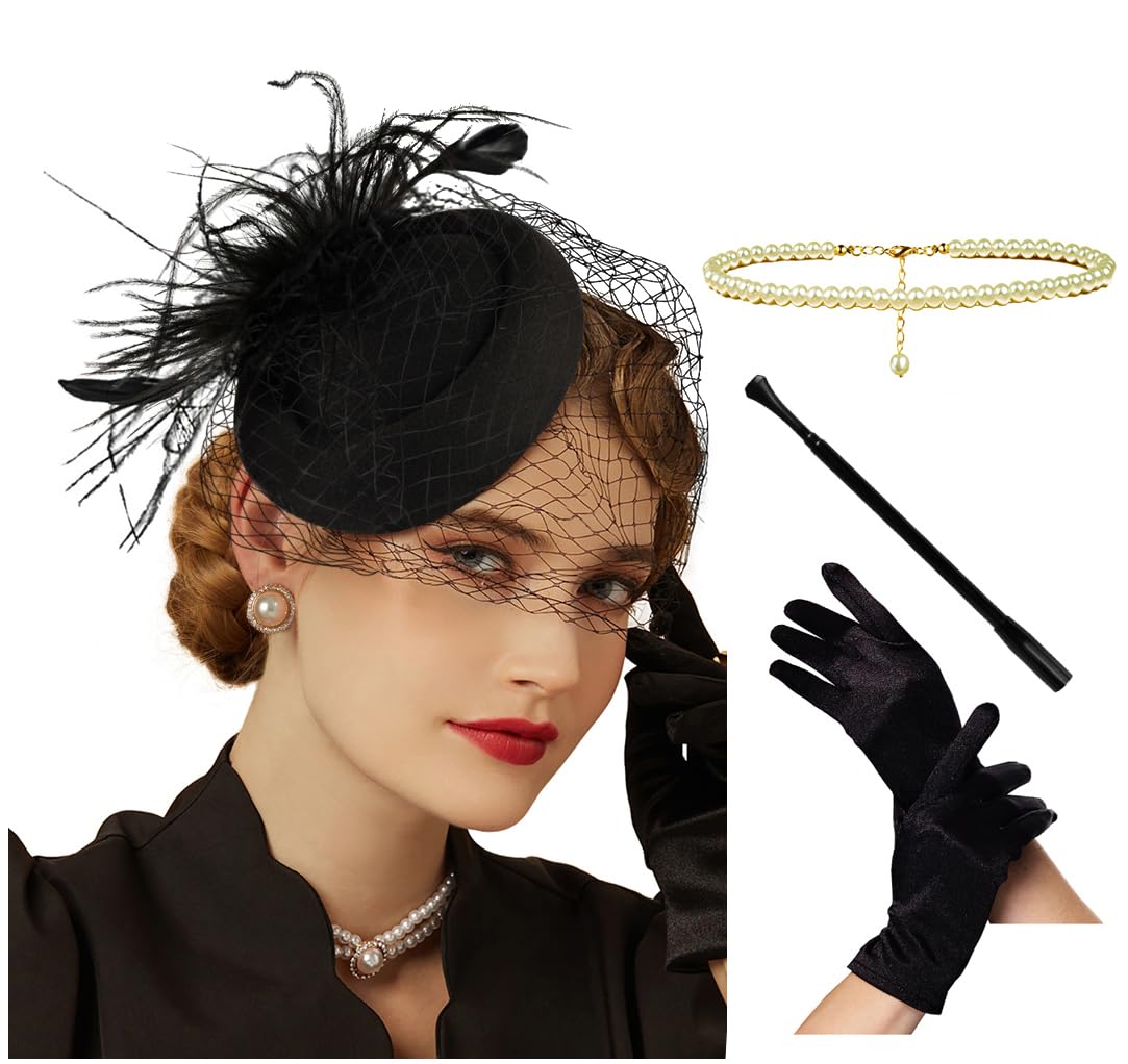 Cizoe Fascinators Hats 20s 50s Hat Pillbox Hat Cocktail Tea Party Headwear with Veil for Girls and Women(1-B1-black Set)