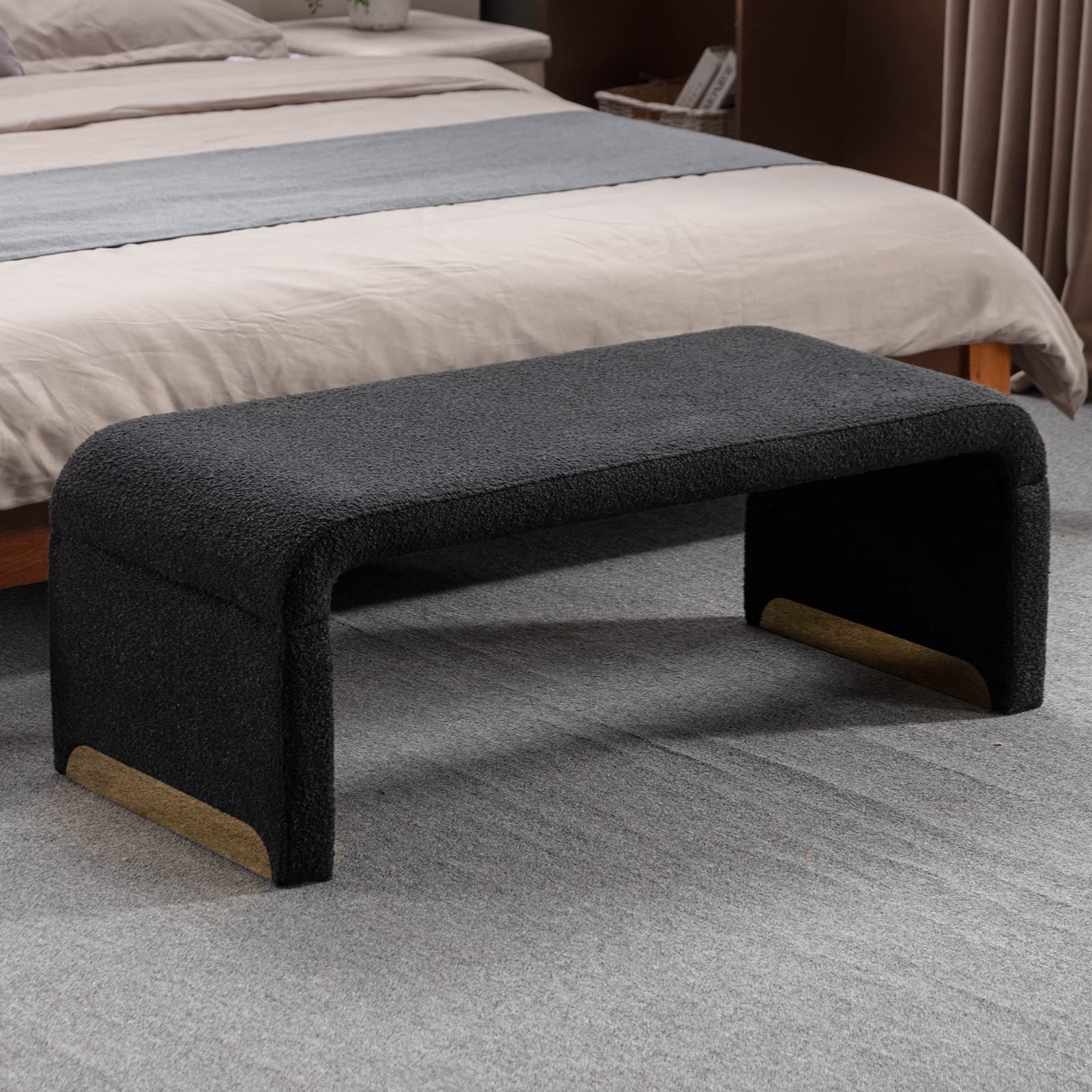 NIOIIKIT 43.3'' Ottoman Bench with Boucle Fabric, Faux Fur End of Bed Bench with Golden Metal Legs, Upholstered Entryway Bench for Living Room, Bedroom, Entryway (Black)