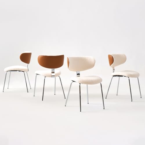 GrandNoor Modern Boucle Dining Chairs Set of 2,Faux Leather Kitchen & Dining Room Chairs,Curved Backrest Upholstered Dining Chairs with Metal Legs, White