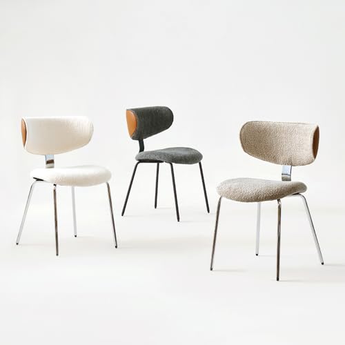 GrandNoor Modern Boucle Dining Chairs Set of 2,Faux Leather Kitchen & Dining Room Chairs,Curved Backrest Upholstered Dining Chairs with Metal Legs, White