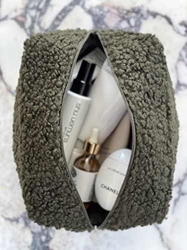 Boucle Cosmetics Toiletry Makeup Bag Large Aesthetic Makeup Travel Accessories Gift Idea (Olive Green Boucle)