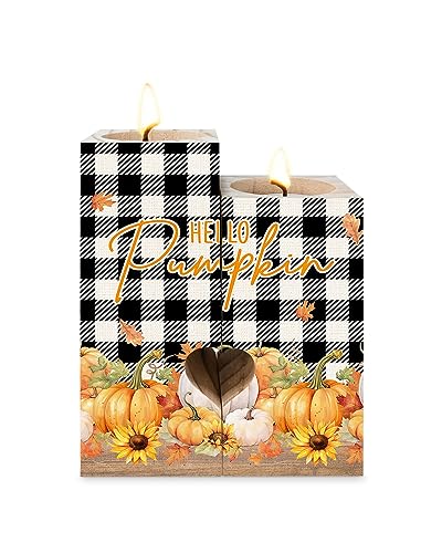 Thanksgiving Pumpkin Candle Holder with Tea Light,Vintage Wood Tealight Candle Stick Holder Pillar Centerpiece,Heart-Shaped Tall Wooden Tea Light Candle Holders Decor Set Buffalo Plaid Black Sunflower