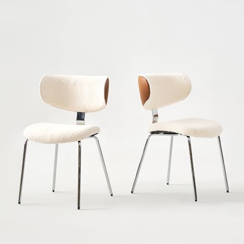 GrandNoor Modern Boucle Dining Chairs Set of 2,Faux Leather Kitchen & Dining Room Chairs,Curved Backrest Upholstered Dining Chairs with Metal Legs, White