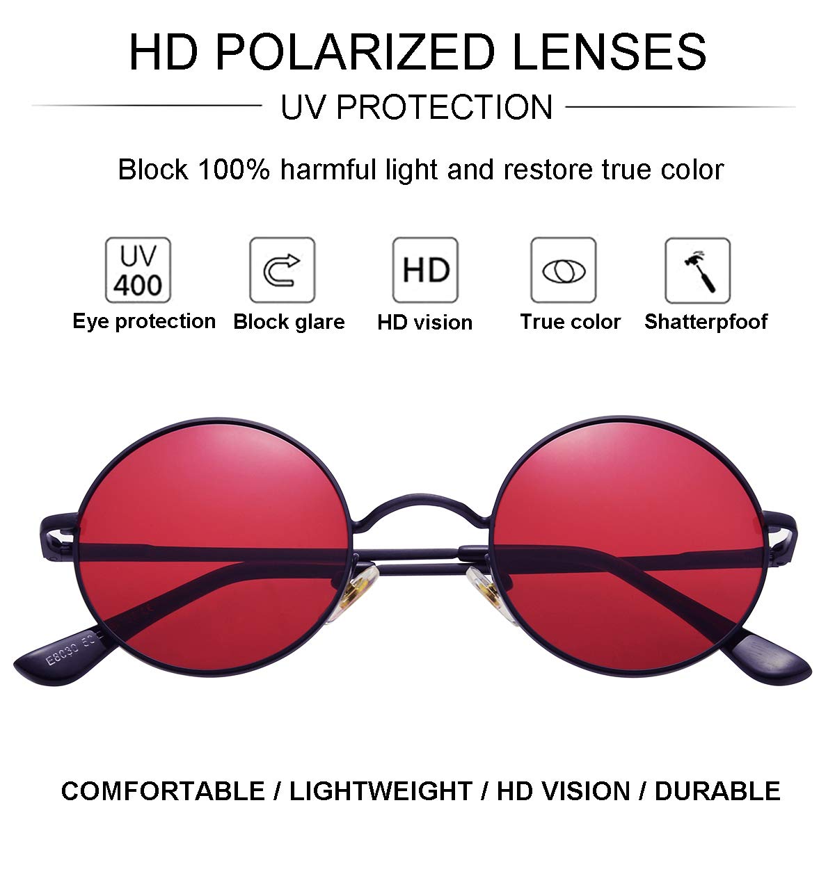 Gleyemor Polarized Round Sunglasses for Men Women Hippie Small Circle Glasses Red Yellow Lenses (Black/Clear Red)